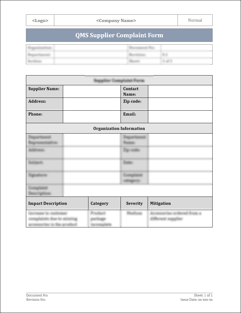 ISO 9001:QMS Supplier Complaint Form Template – ISO Templates and ...