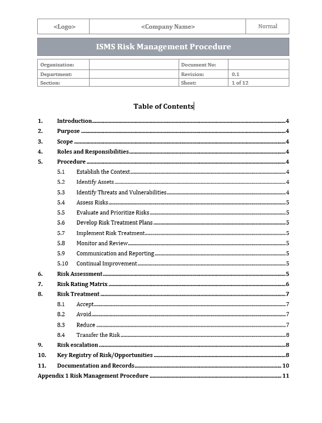 ISO 27001 - ISMS Risk Management Procedure Template – ISO Templates and ...